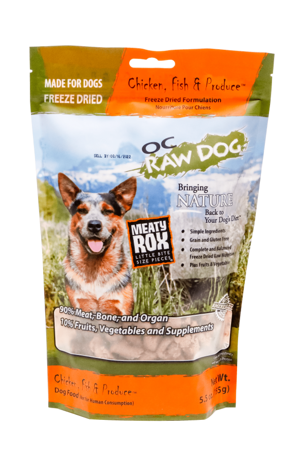CHICKEN, FISH & PRODUCE ~ 5.5 oz Freeze Dried Meaty Rox – OC Raw Dog